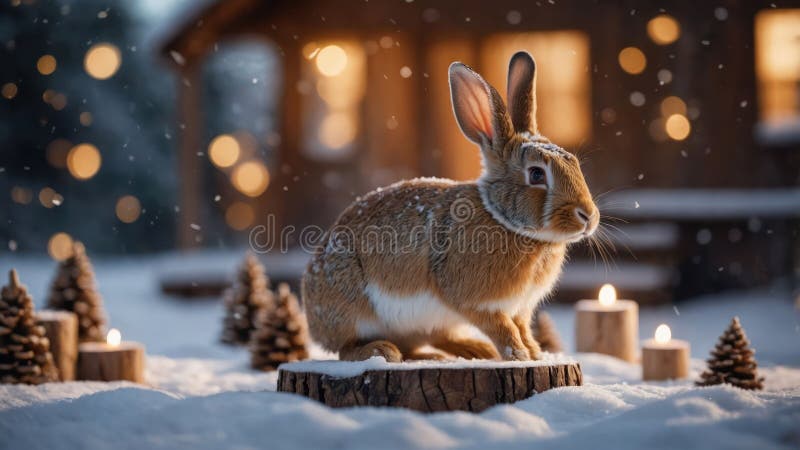 Adorable Brown Rabbit in Snowy Winter Wonderland Stock Illustration ...