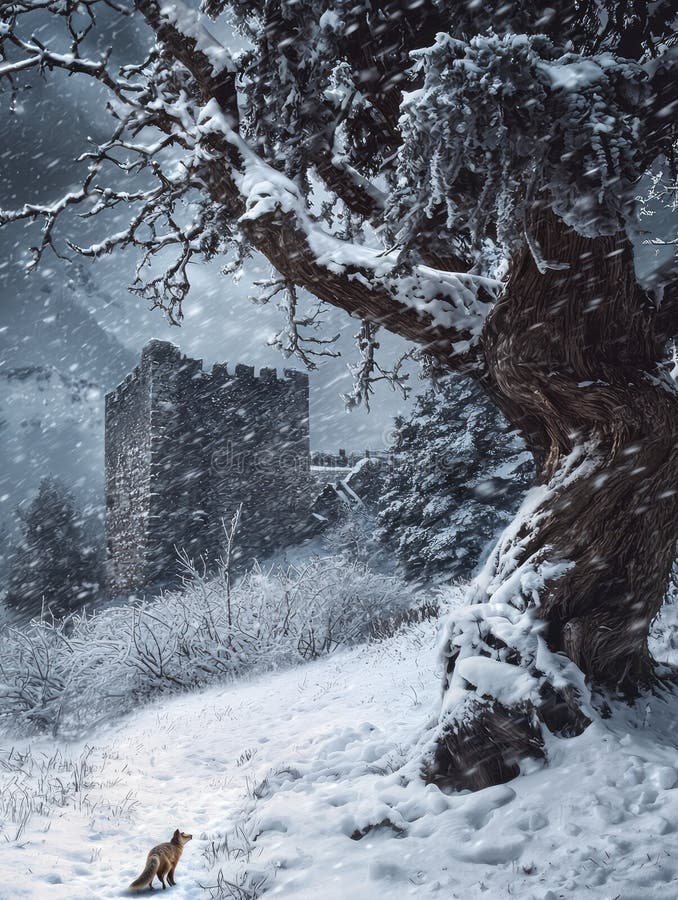Snow-covered Castle, Fox, Gloomy Sky, Winter. Stock Illustration ...