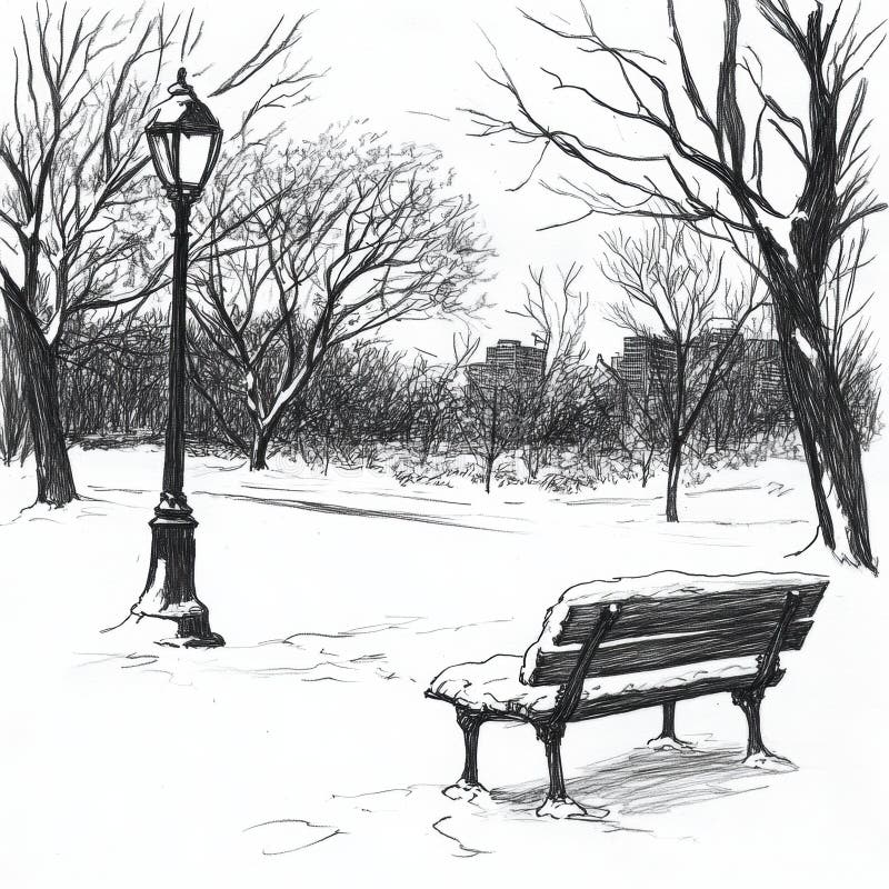 Serene Winter Scene Featuring a Snowy Park Bench and Trees Stock ...