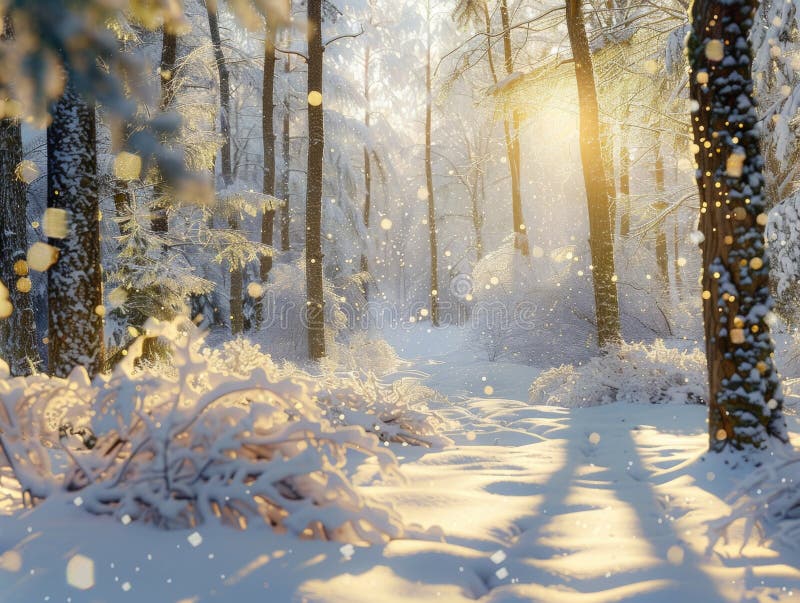 A Serene Winter Scene Featuring a Snowy Path Surrounded by Trees and ...