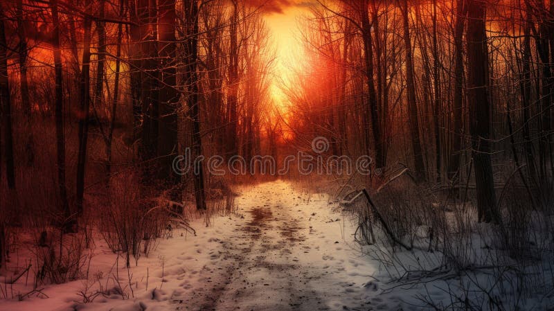 A Serene Winter Scene with a Path through the Snowy Forest. Perfect for ...