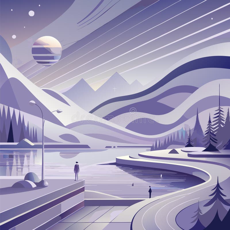 Serene Winter Scene with a Person Standing by a Lake Surrounded by ...