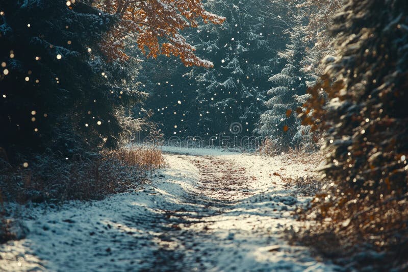 A Serene Winter Scene with a Snow-covered Path Amidst the Trees Stock ...
