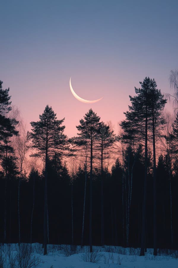 A Serene Winter Sunset with a Crescent Moon Over a Tranquil Forest ...