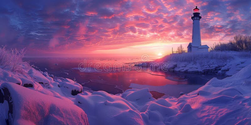 Serene Winter Sunset at a Lighthouse Overlooking Frozen Waters Stock ...