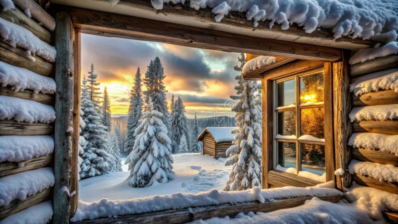 Serene Winter Sunset View from a Rustic Cabin Window. Generative AI ...