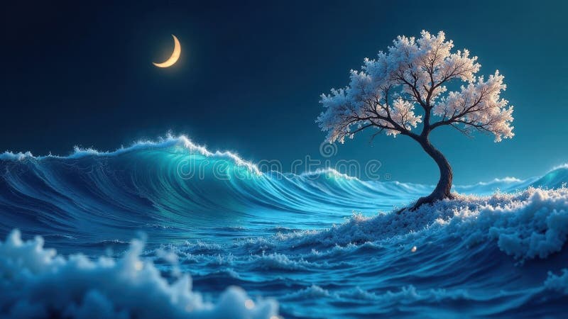 Serene Winter Tree on Ocean Waves Under a Crescent Moon at Night ...