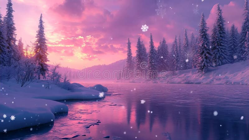Serene Winter Wonderland with Falling Snowflakes at Sunset Stock Video ...