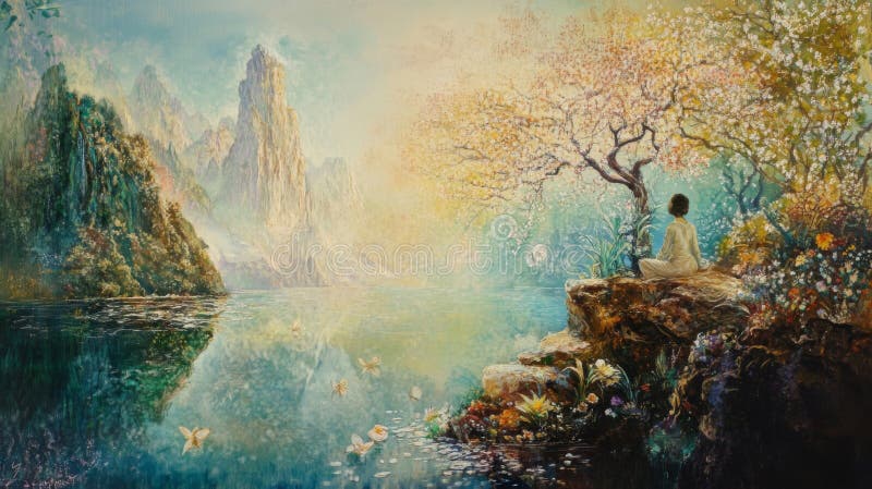 Serene Woman Contemplating in a Magical Landscape Stock Illustration ...