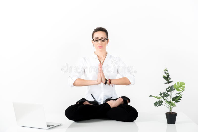 Serene Woman Making Exercise during Work Stock Image - Image of balance ...
