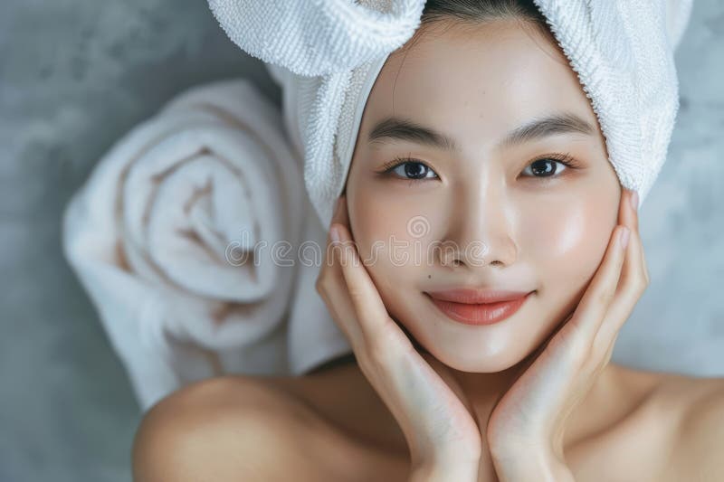 Serene Woman With Towel Wrapped Around Head Smiling Showcasing