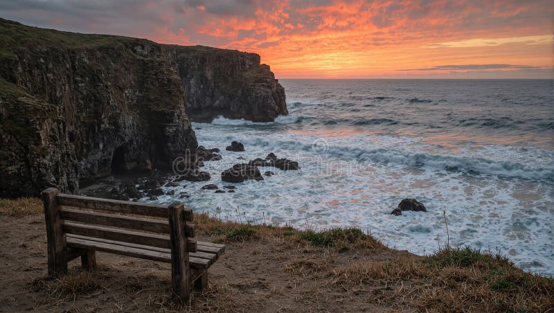Serene Wooden Bench by Dramatic Seaside Cliff at Sunset Stock ...