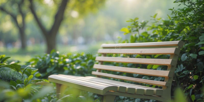 Serene Wooden Bench in a Lush Green Park. Stock Photo - Image of aged ...
