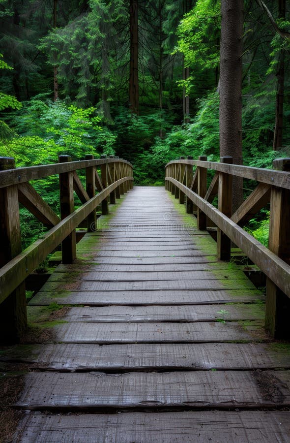 Serene Wooden Bridge through Lush Green Forest Stock Illustration ...
