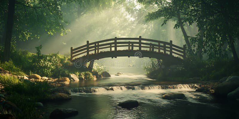 Serene Wooden Bridge in a Misty Green Forest Stock Illustration ...