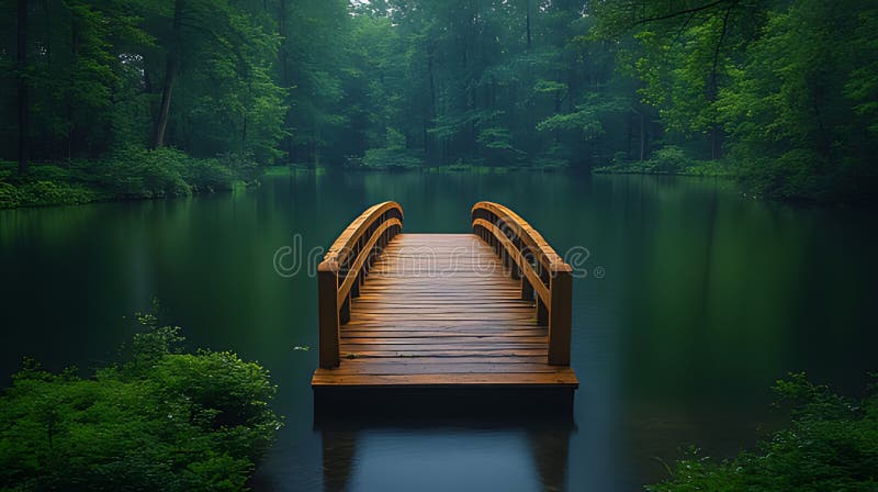 Serene Wooden Bridge Over Misty Forest Pond Stock Illustration ...