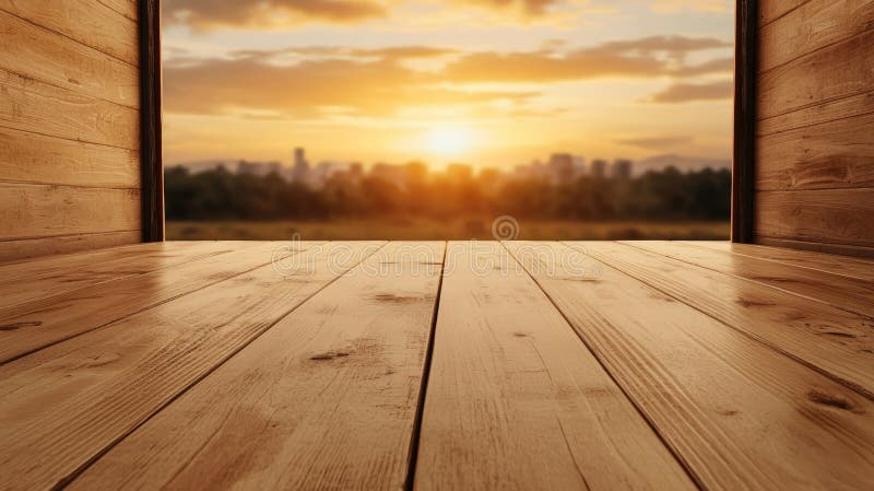 A Serene Wooden Interior with a Stunning Sunset View, Creating a Warm ...