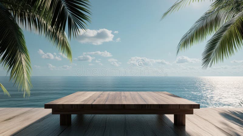 A Serene Wooden Platform Overlooking a Tranquil Sea with Palm Trees and ...