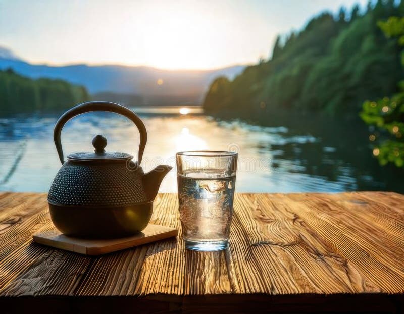 Serene Wooden Table by the Water with Glass and Tea Kettle Stock ...