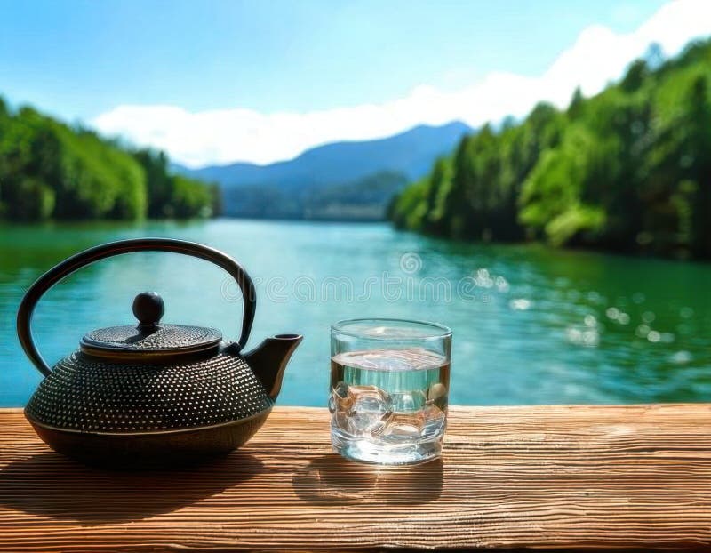 Serene Wooden Table by the Water with Glass and Tea Kettle Stock ...