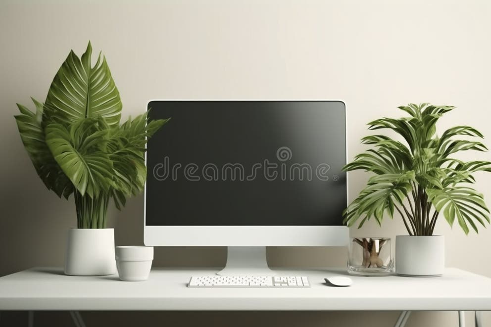 Serene Workspace with a Computer and Lush Greenery Created with Generative AI Technology Stock ...
