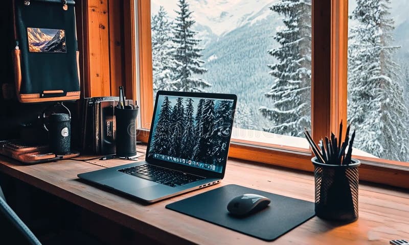 Cozy Workspace with a Laptop and Mountain View during Winter in a Cabin ...