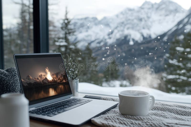 A Serene Workspace Features a Laptop with a Mountain Scene and a ...