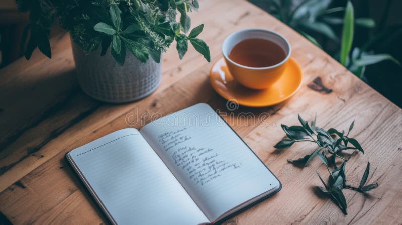 A Cozy Workspace with a Notebook, a Cup of Tea, and a Potted Plant on a ...