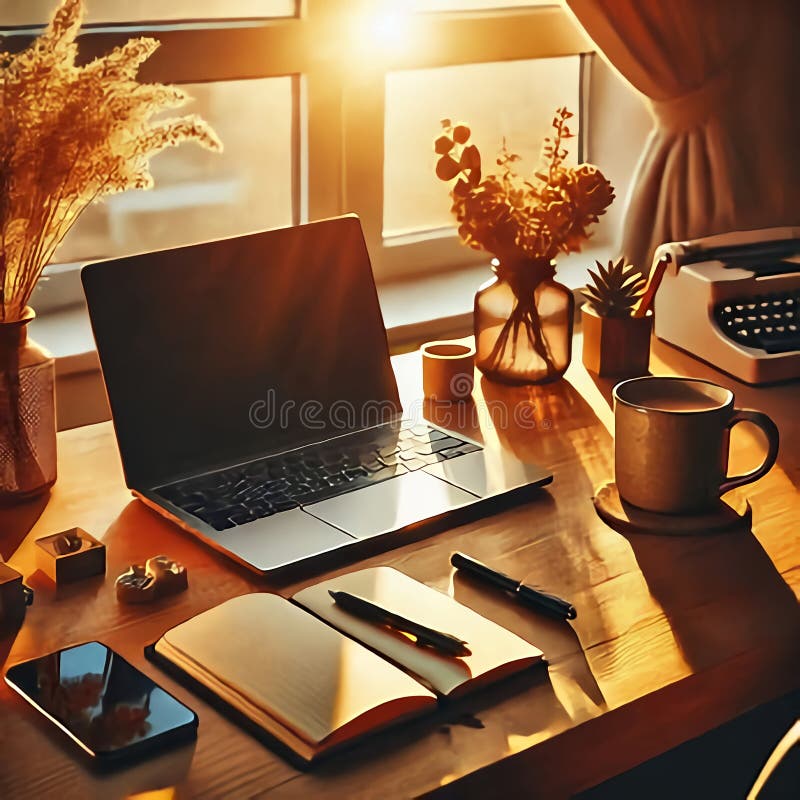 A Cozy Desk Setup by a Sunlit Window Stock Illustration - Illustration ...