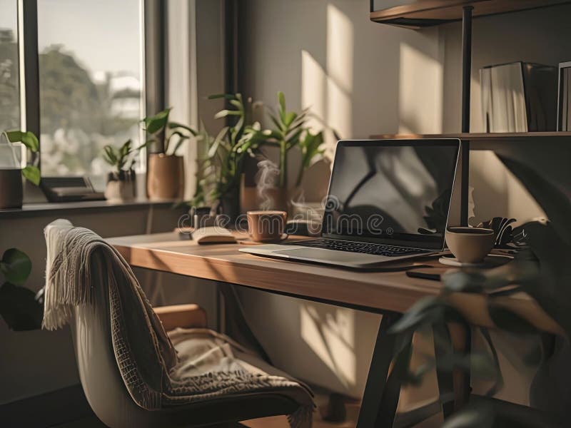 Serene Workspace Featuring Laptop, Warm Beverage, and Lush Greenery ...