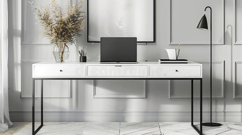 A Serene Workspace Featuring a Sleek Desk, Modern Laptop, and Stylish ...