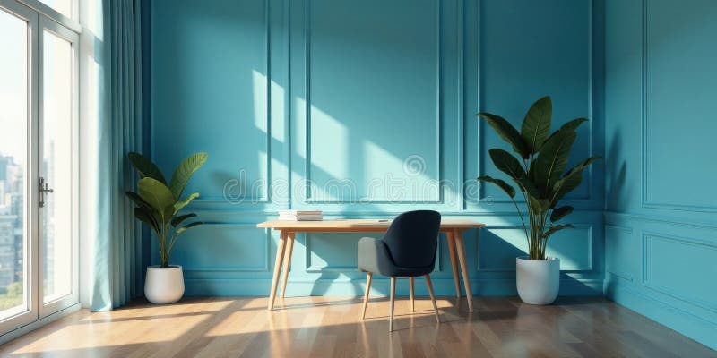 Serene Workspace with Light Blue Walls and Natural Sunlight ...
