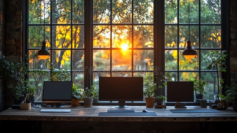 A Serene Workspace with Multiple Monitors, Showcasing Nature through ...