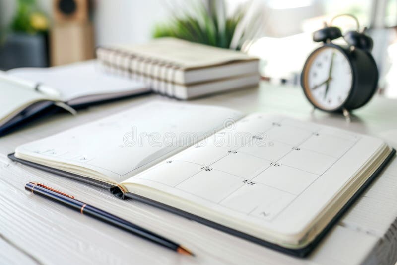 A Serene Workspace with an Open Planner and Clock, Inviting daily ...