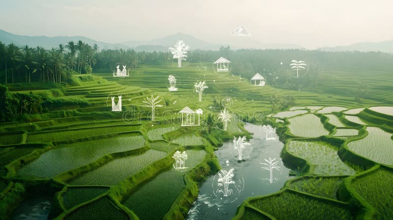 Serene Workspace Overlooking Lush Rice Terraces with Floating Bamboo ...