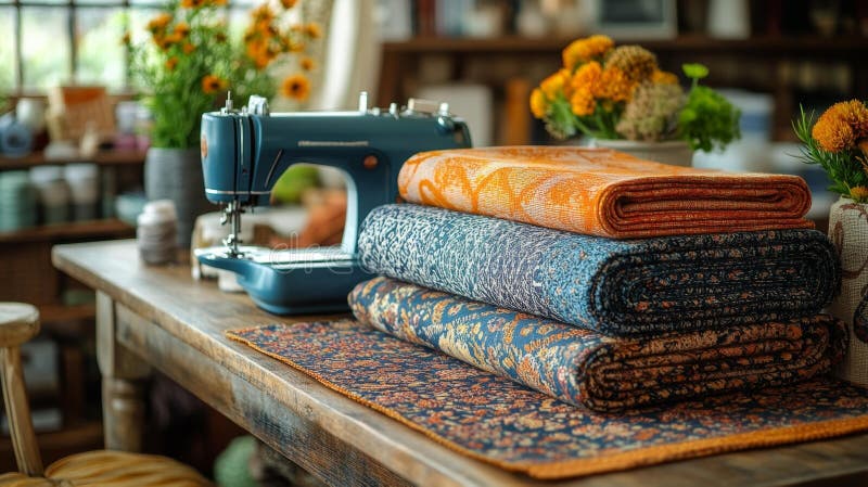 A Serene Workspace with a Sewing Machine Fabric Swatches and a ...