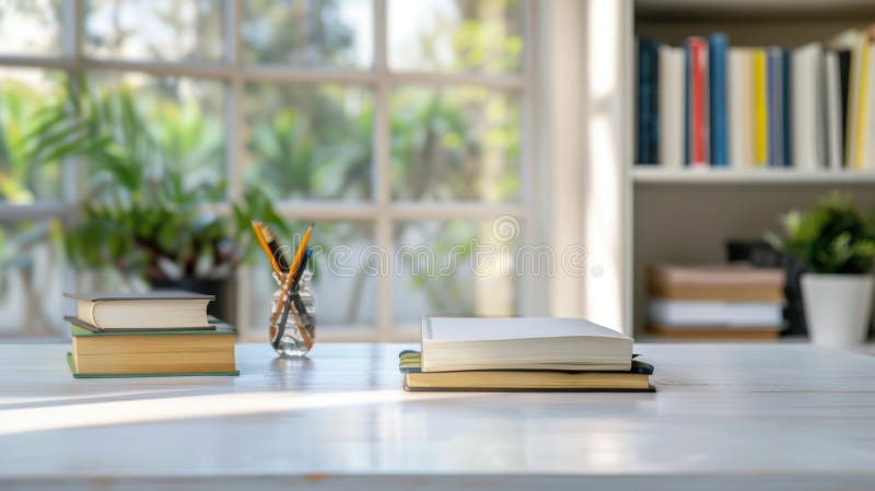 Serene Workspace. White Table with Books, Stationery and Copy Space in ...