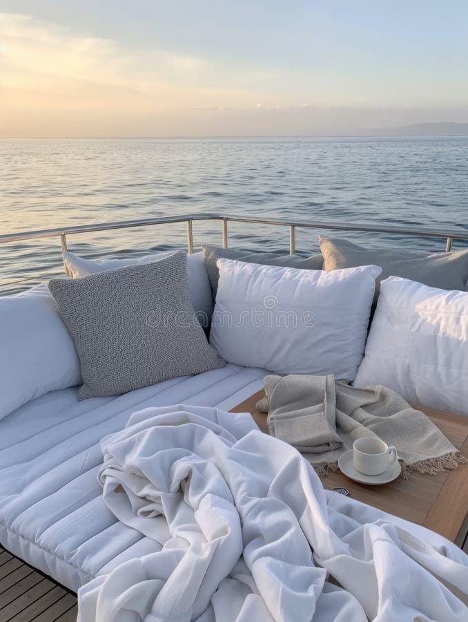 Serene Yacht Deck at Sunrise with Cozy Blankets and Cup of Coffee Stock ...