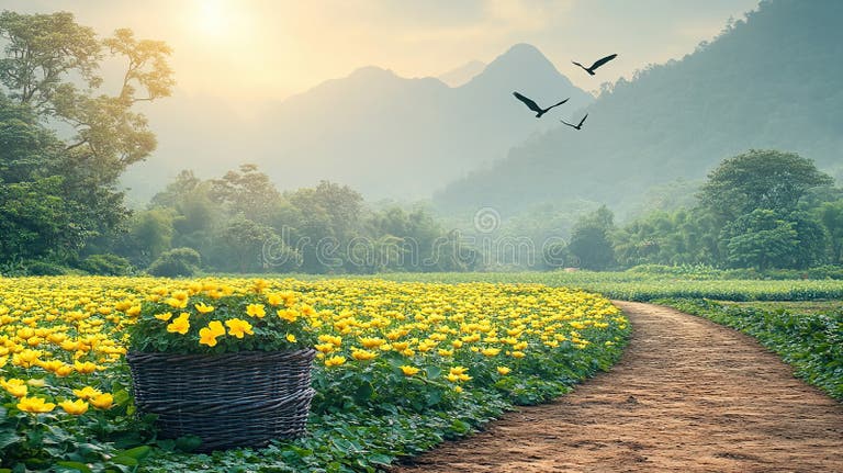Yellow Flower Field Pathway Stock Illustrations – 720 Yellow Flower ...