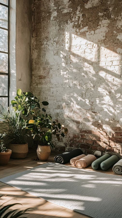 A Serene Yoga Studio Corner with Mats, Props, and Plants. Pic Stock Photo - Image of style ...