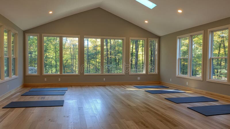 Serene Yoga Studio with Forest View Windows Stock Illustration ...