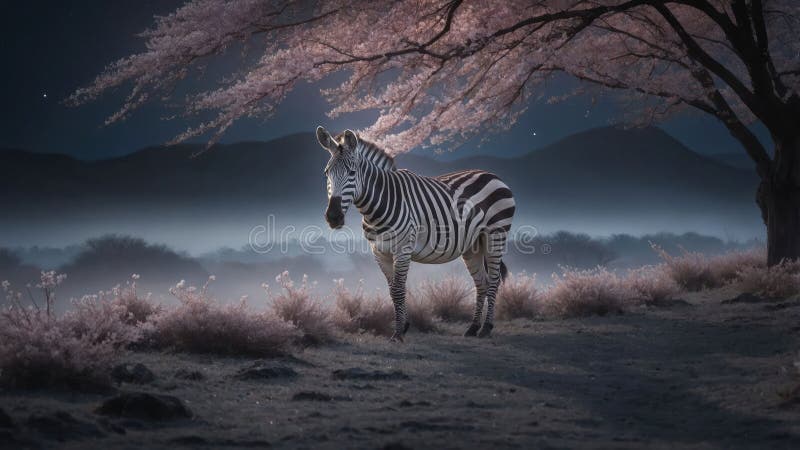 Solitary Zebra Under Cherry Blossom Tree at Night Stock Illustration ...