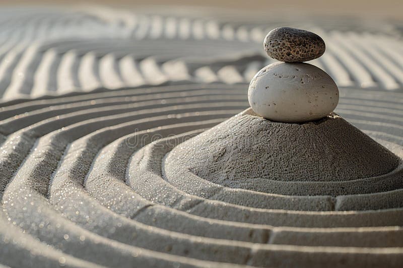 A Serene Zen Garden with Circular Raked Patterns in the Sand, Featuring ...