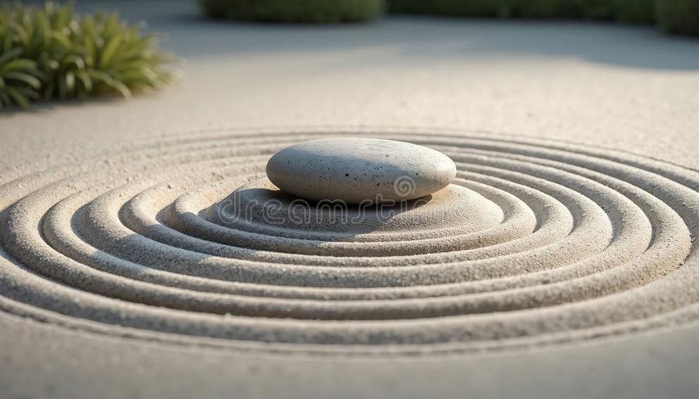 Serene Zen Garden with Concentric Sand Patterns and Central Stone Focus ...