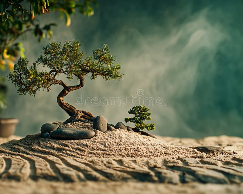 Serene Zen Garden Miniature Trees Raked Sand Stock Photos - Free ...