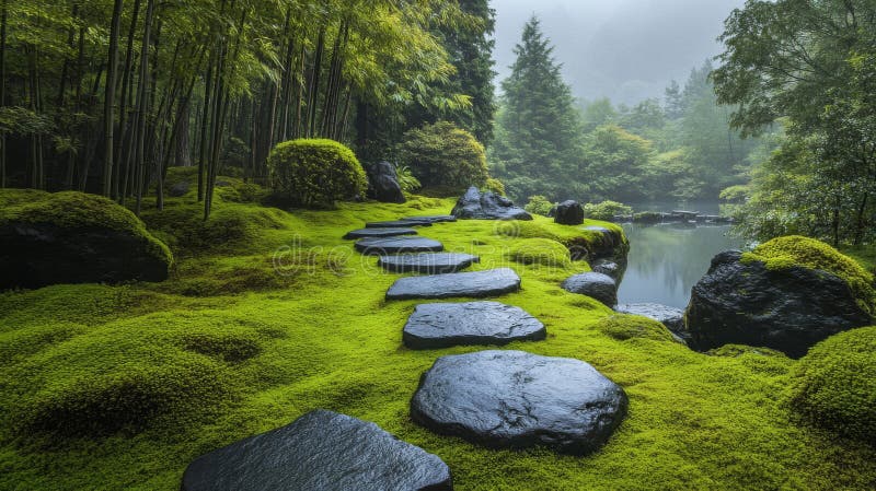 Serene Zen Garden with Mossy Stone Path and Pond Stock Illustration ...