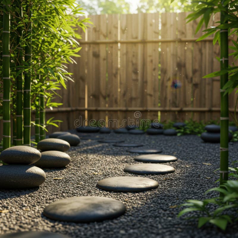 Serene Zen Garden with Stepping Stones and Bamboo Stock Illustration ...