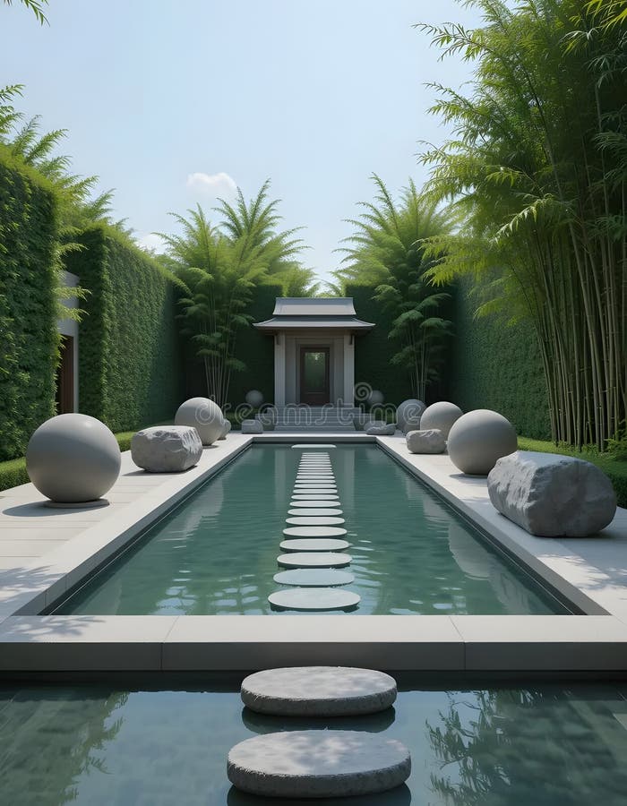 Serene Zen Garden: Tranquil Pool, Stepping Stones, and Bamboo ...