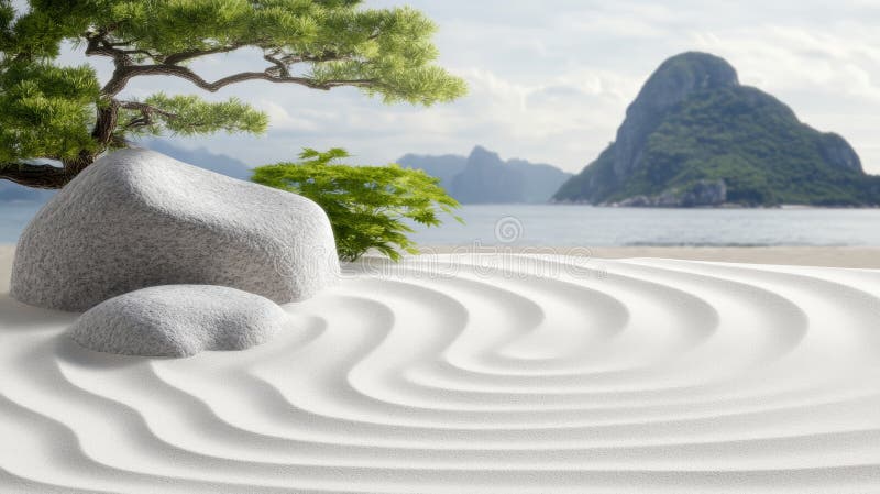 Serene Zen Garden with White Sand, Raked Patterns, Stones, and a ...