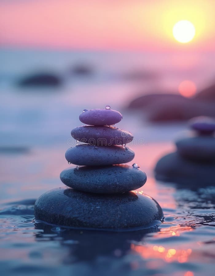 Serene Zen Pebble Stack Balanced on Water at Sunset. Soft Colors ...